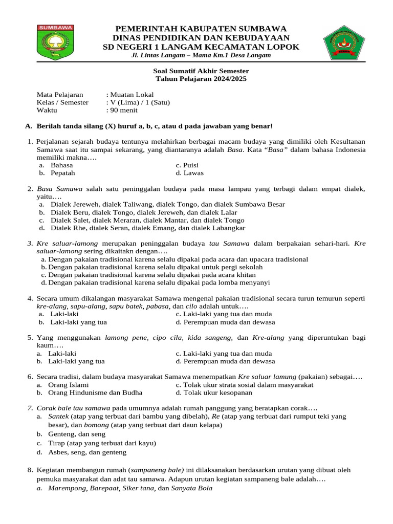 Soal SAS Mulok Kelas 5 FIX | PDF