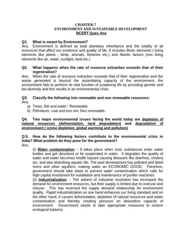 IED Chapter 7 Sustainable Development NCERT Ques Andans Updated | PDF ...