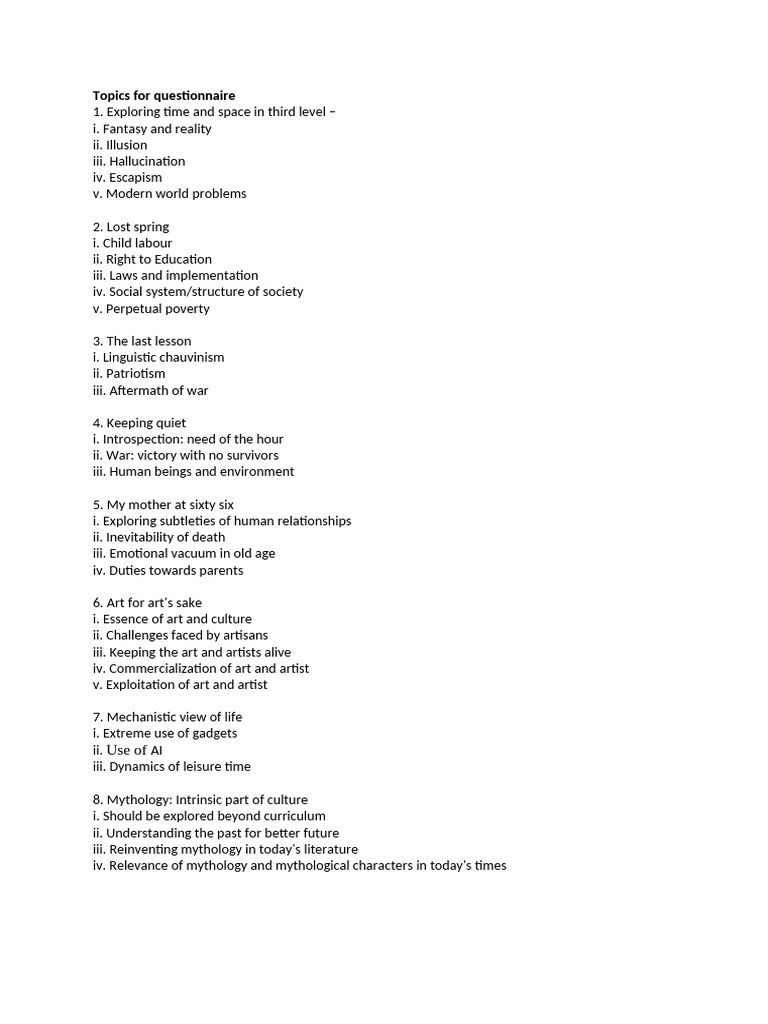 Topics For Questionnaire Project XII1 | PDF