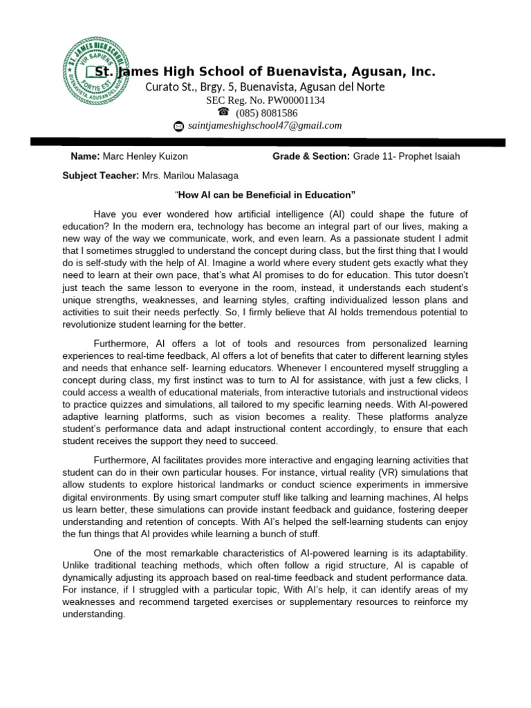 Artificial Intelligence Persuasive Essay Kuizon | PDF | Artificial ...