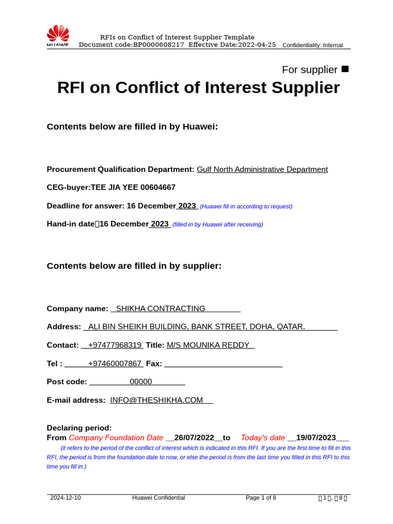 RFI on Conflict of Interest Supplier V03.01 | PDF | Investing | Request For Information