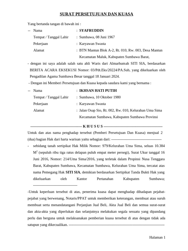 Surat Persetujuan Dan Kuasa | PDF