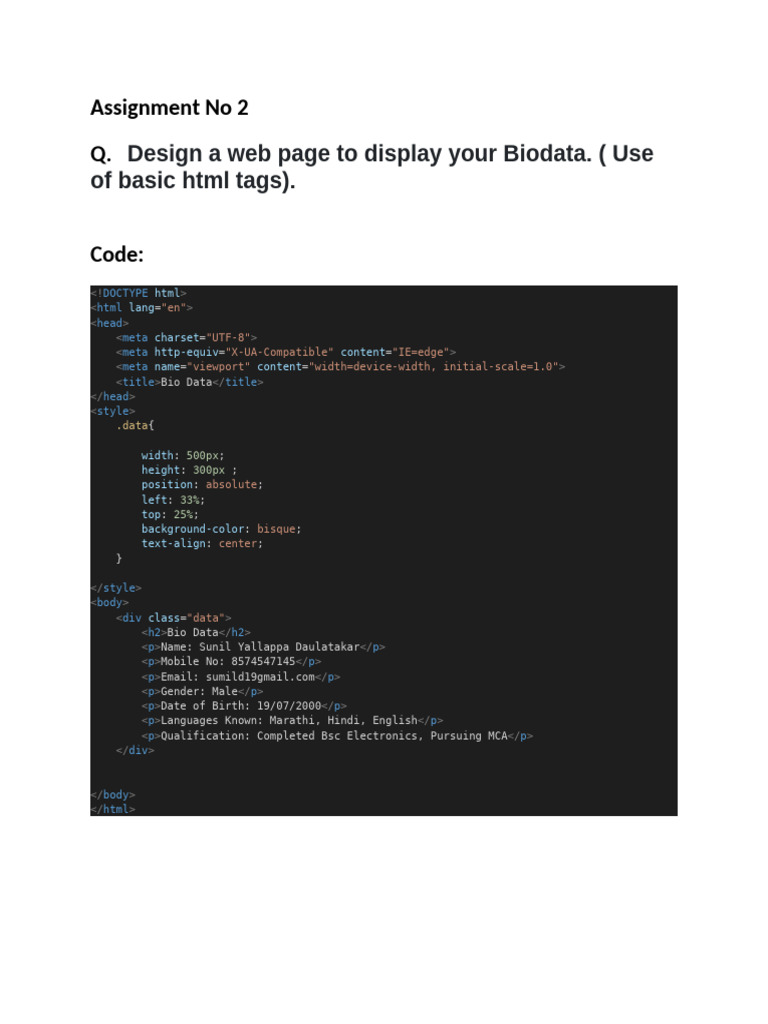 Simple HTML Biodata Web Page | PDF