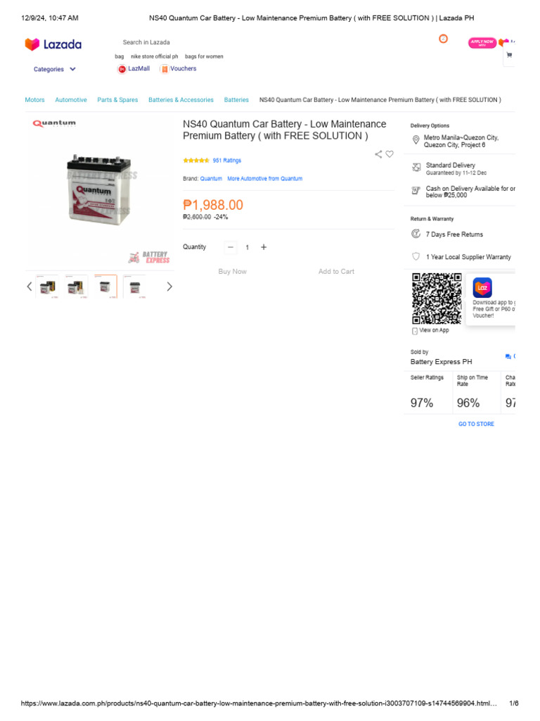 NS40 Quantum Car Battery - Low Maintenance Premium Battery (With FREE SOLUTION) - Lazada PH | PDF