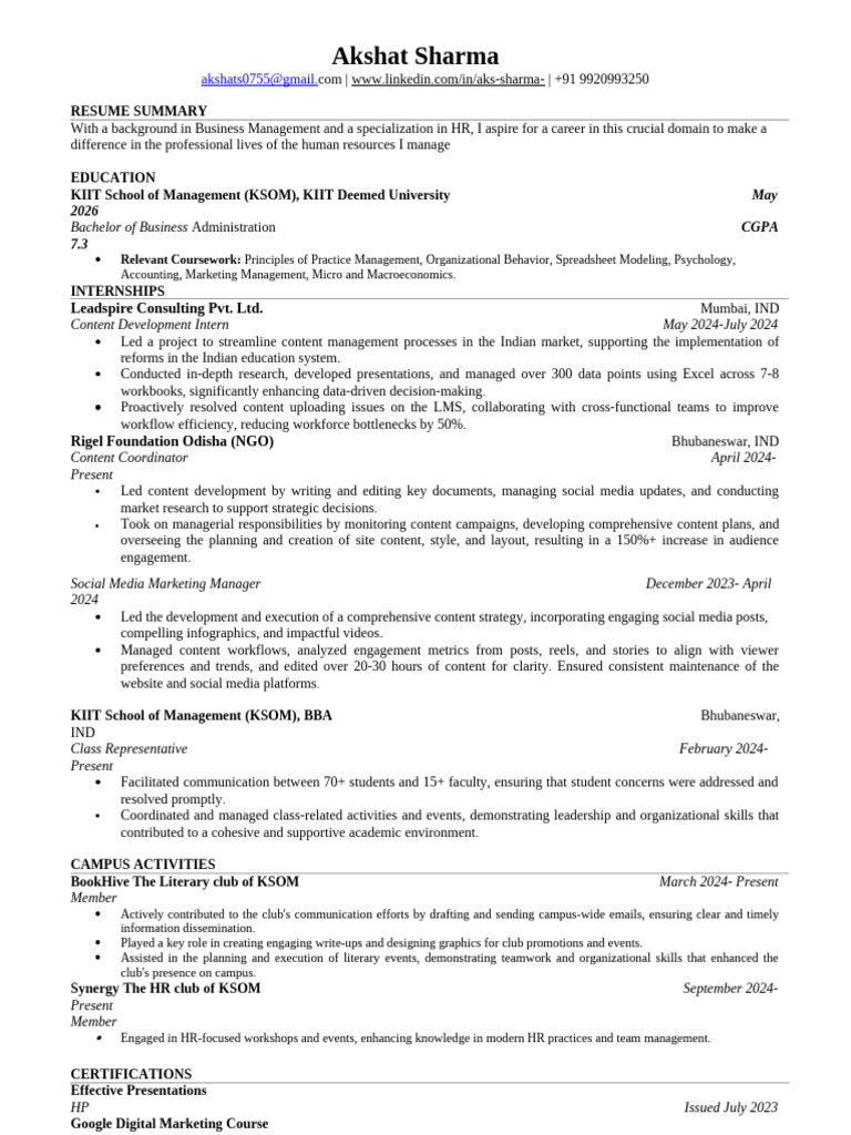 Resume Akshat Final (1) | PDF | Business