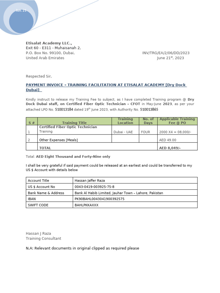 Etisalat Academy Training Invoice Dry Dock June 2023 | PDF