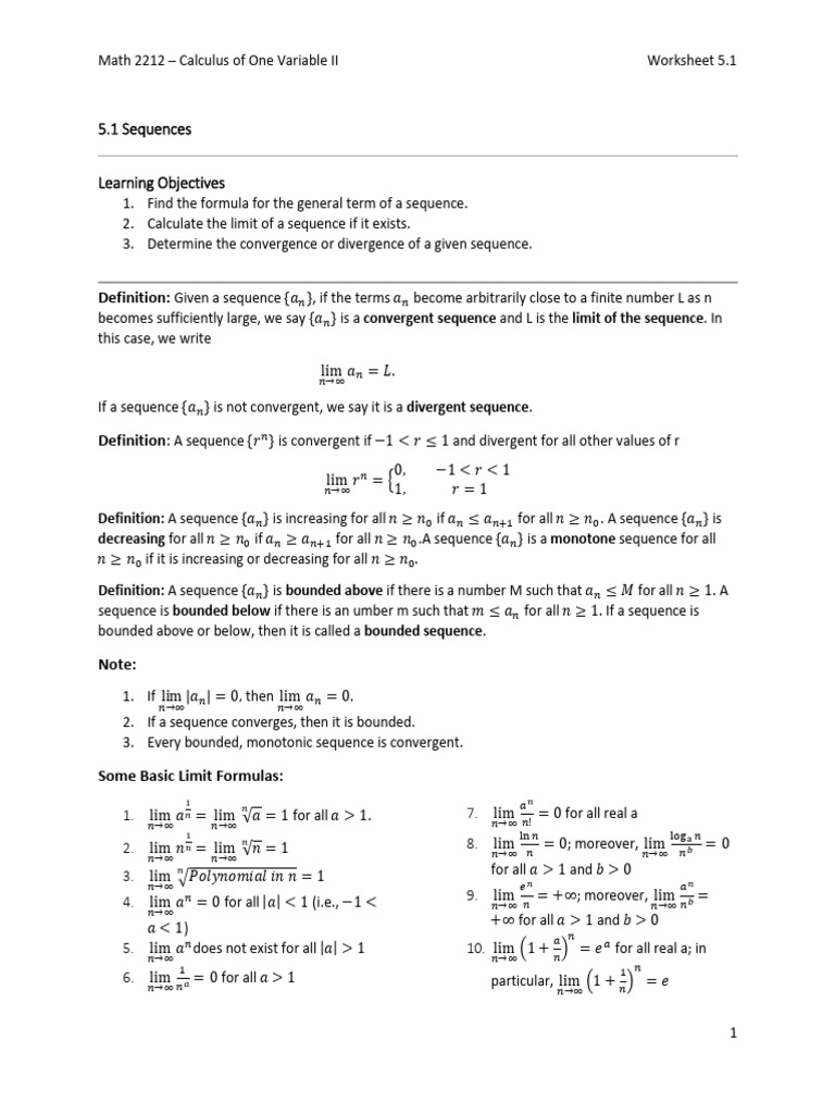 Worksheet-Section 5.1 Sequences | PDF | Limit (Mathematics) | Sequence