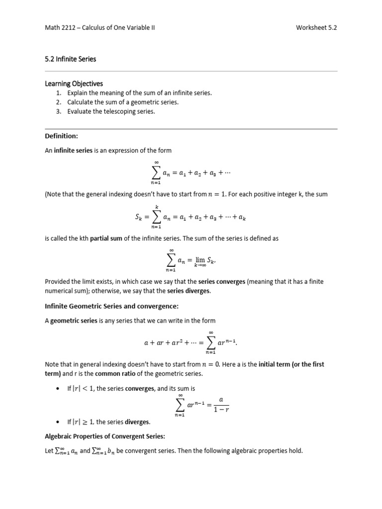 Infinite Series in Calculus II Worksheet | PDF | Series (Mathematics ...