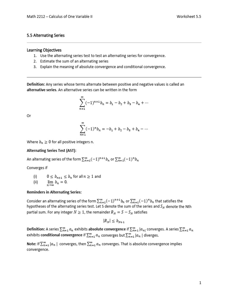 Worksheet-Section 5.5 Alternating Series | PDF | Series (Mathematics ...