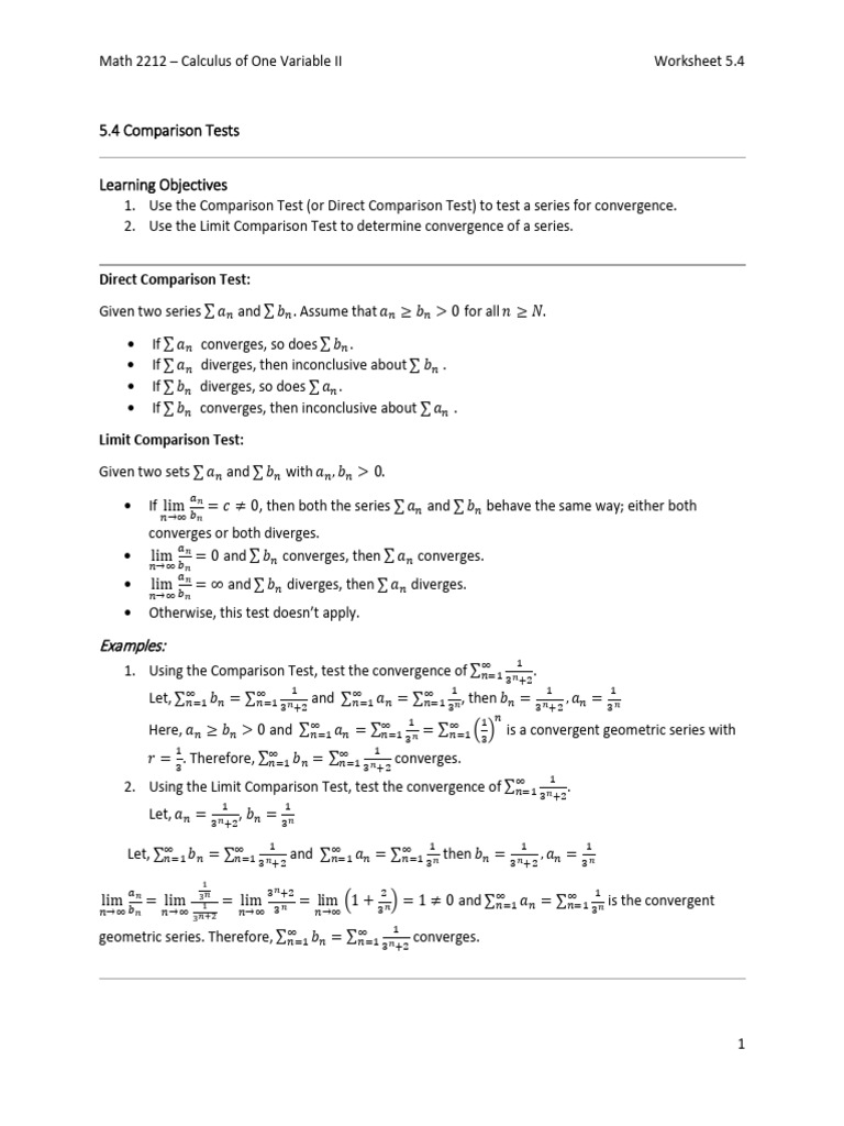 Worksheet-Section 5.4 Comparison Tests | PDF | Calculus | Mathematical ... Worksheet-Section 5.4 Comparison Tests | PDF | Calculus | Mathematical ...