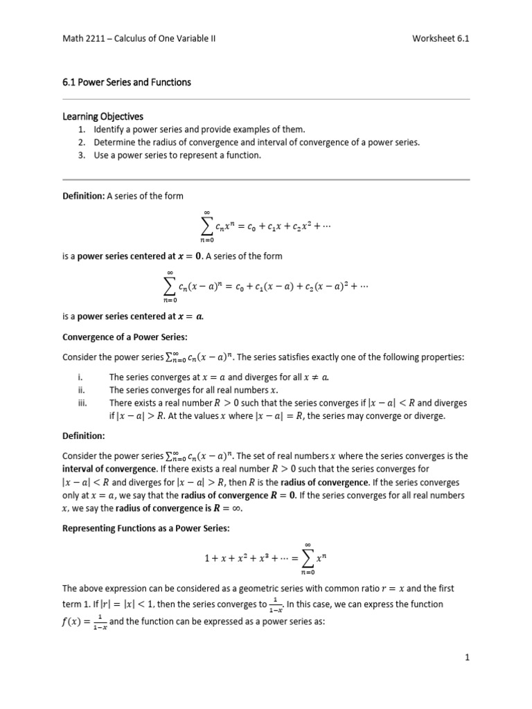 Worksheet-Section 6.1 Power Series and Functions | PDF | Power Series ... Worksheet-Section 6.1 Power Series and Functions | PDF | Power Series ...