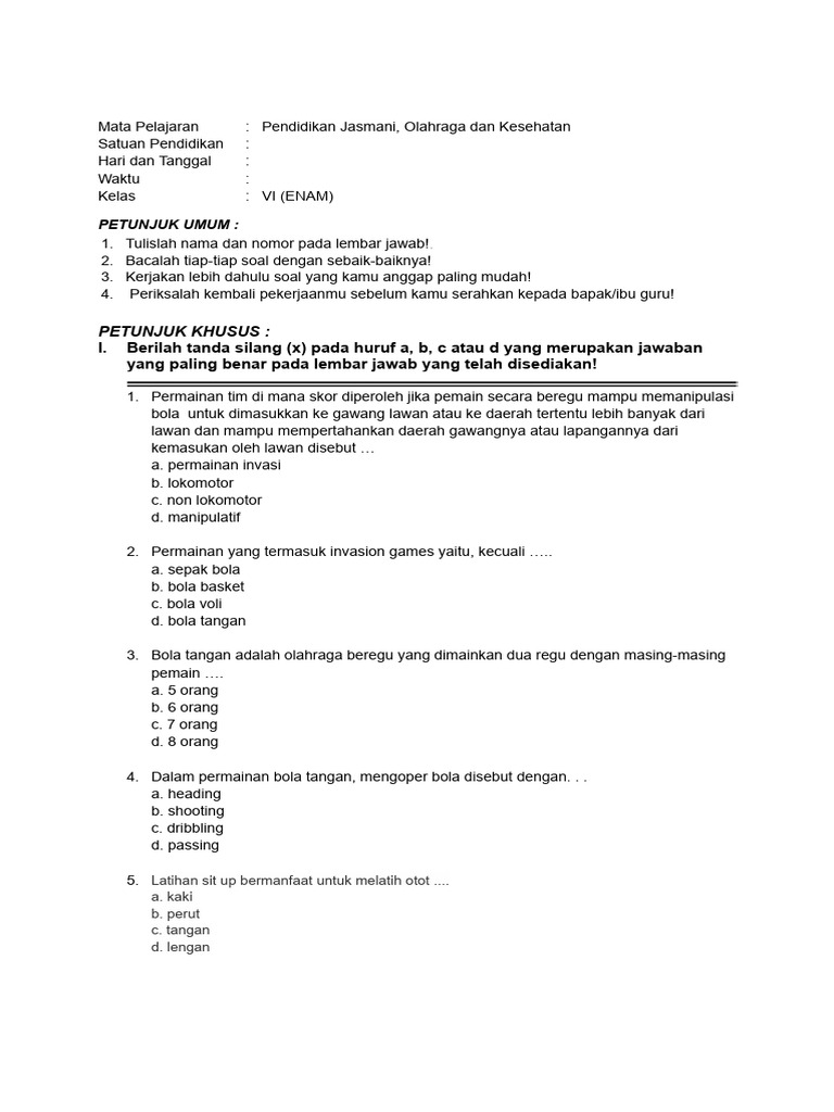 Soal Kelas VI - PJOK semester 1 | PDF