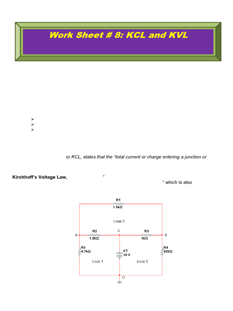 Work Sheet 8 KVL and KCL | PDF | Voltage | Electrical Network
