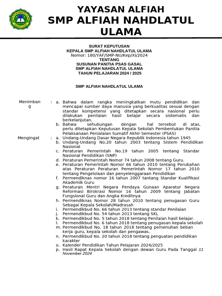 SK Panitia PSAS SMP 2024-2025 | PDF