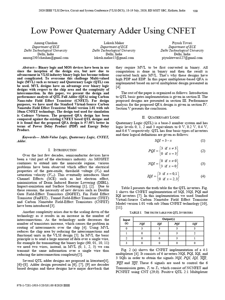 Low Power Quaternary Adder with CNFET | PDF | Logic Gate | Electronic ...
