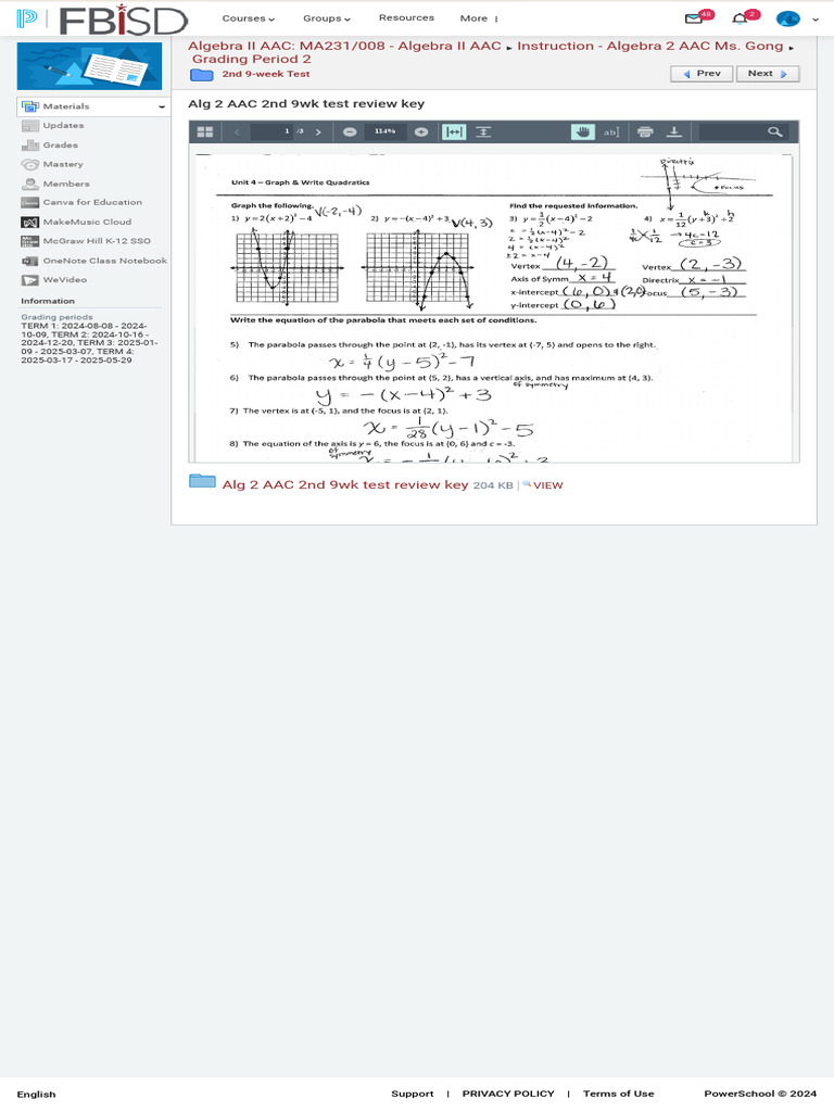 Alg 2 AAC 2nd 9wk Test Review Key Schoology | PDF