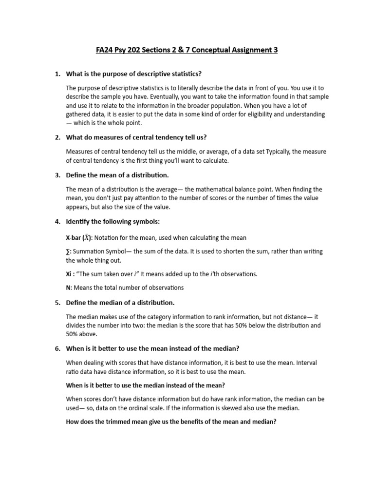 Psy 202 Conceptual Assignment 3 | PDF | Mean | Median