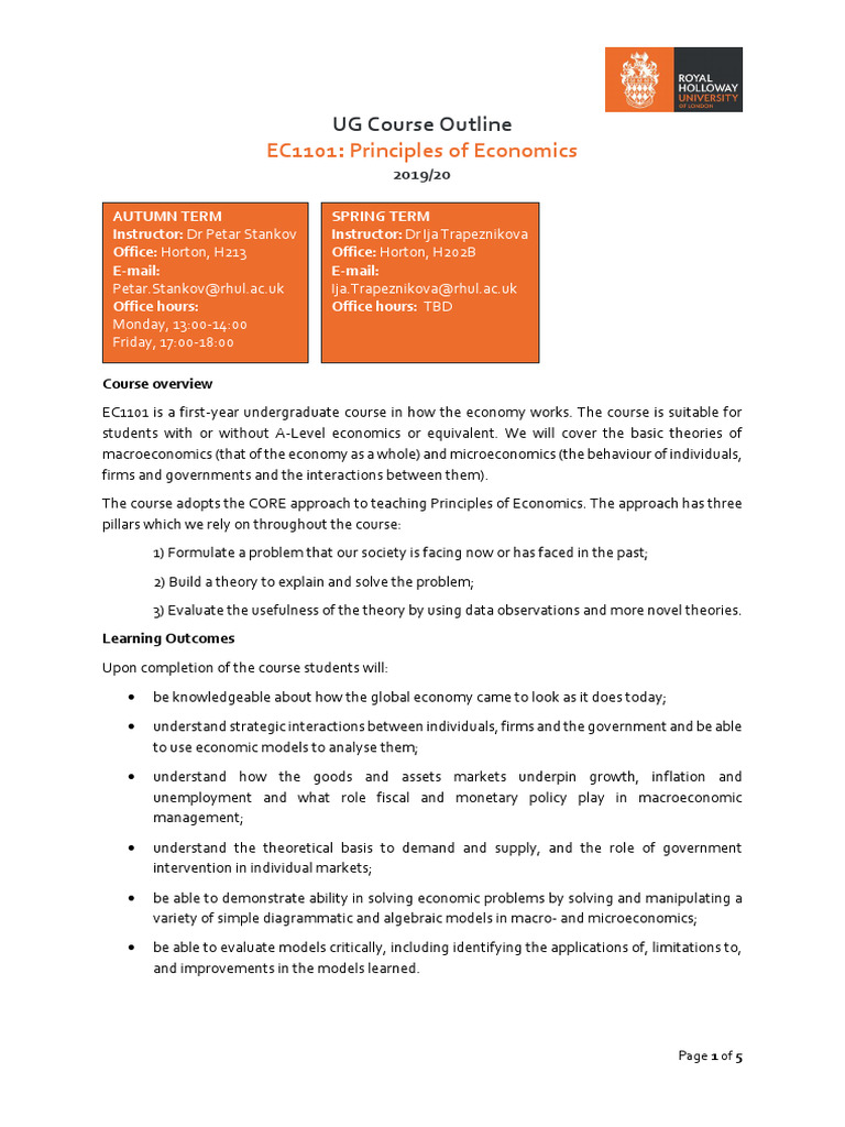 Ec1101 Principles of Economics Coures Outline 201920 | PDF | Economics | Macroeconomics