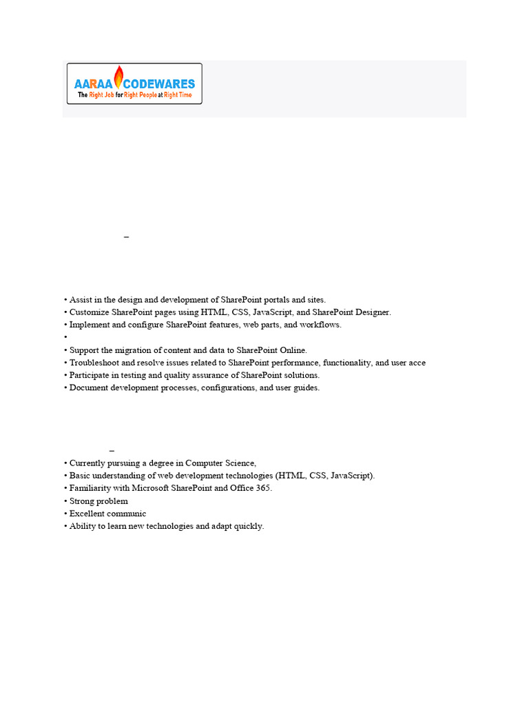 JD - Software Engineer Intern - Aaara Codewares | PDF