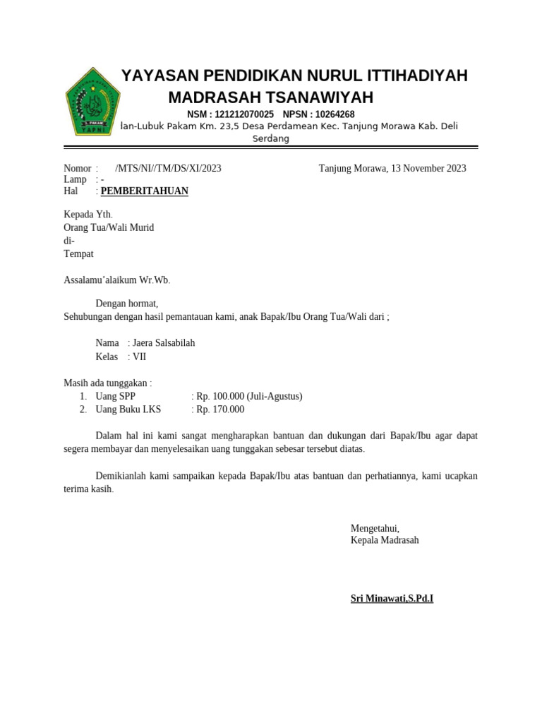 Surat Peringatan Tunggakan | PDF