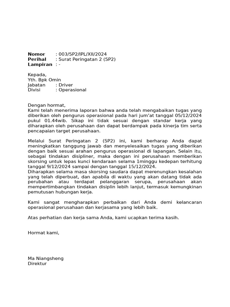 Surat Peringatan 2 untuk Driver Omin | PDF