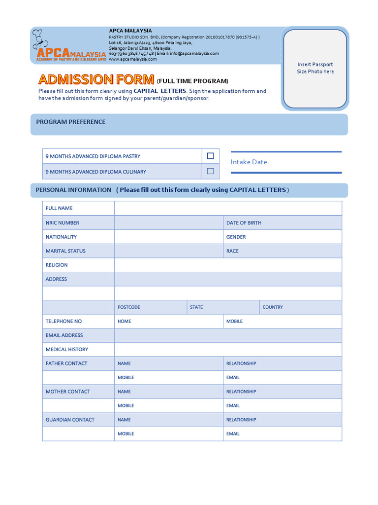 APCA Malaysia FT Admission Form 2022 | PDF | Fee | Banks