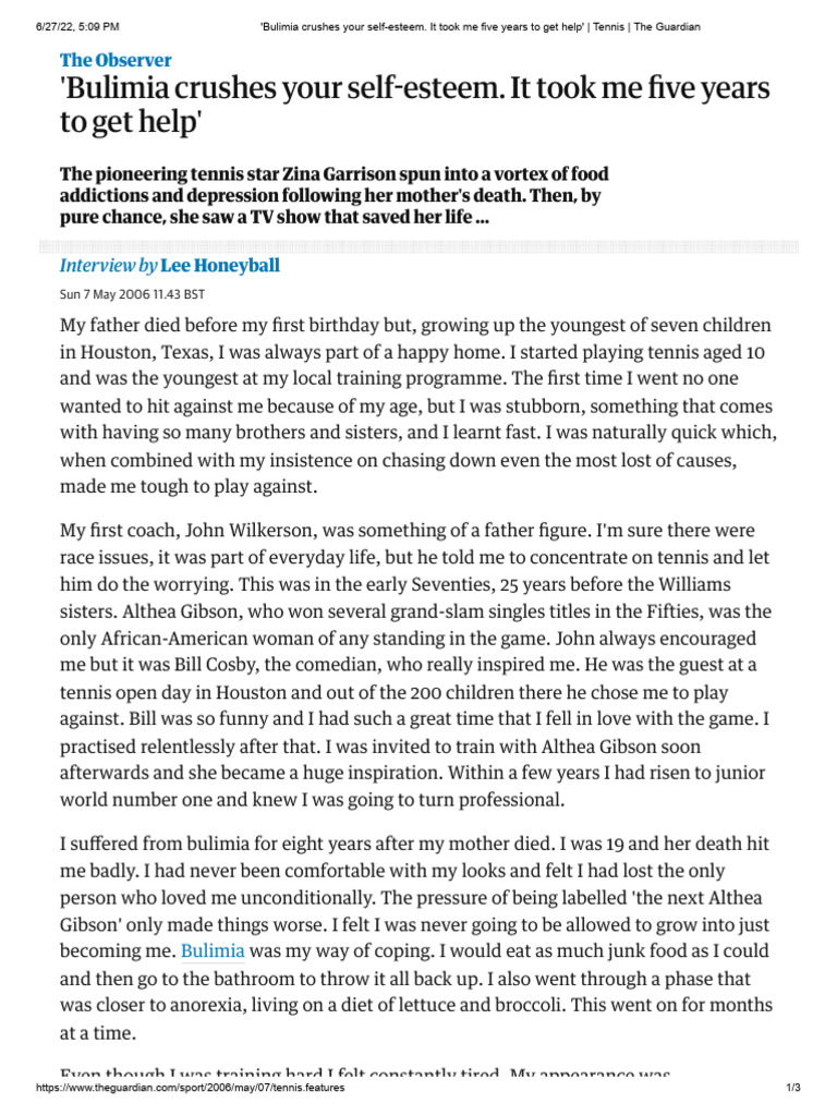 2006 Zina Garrison Interview 'Bulimia Crushes Your Self-Esteem. It Took ...