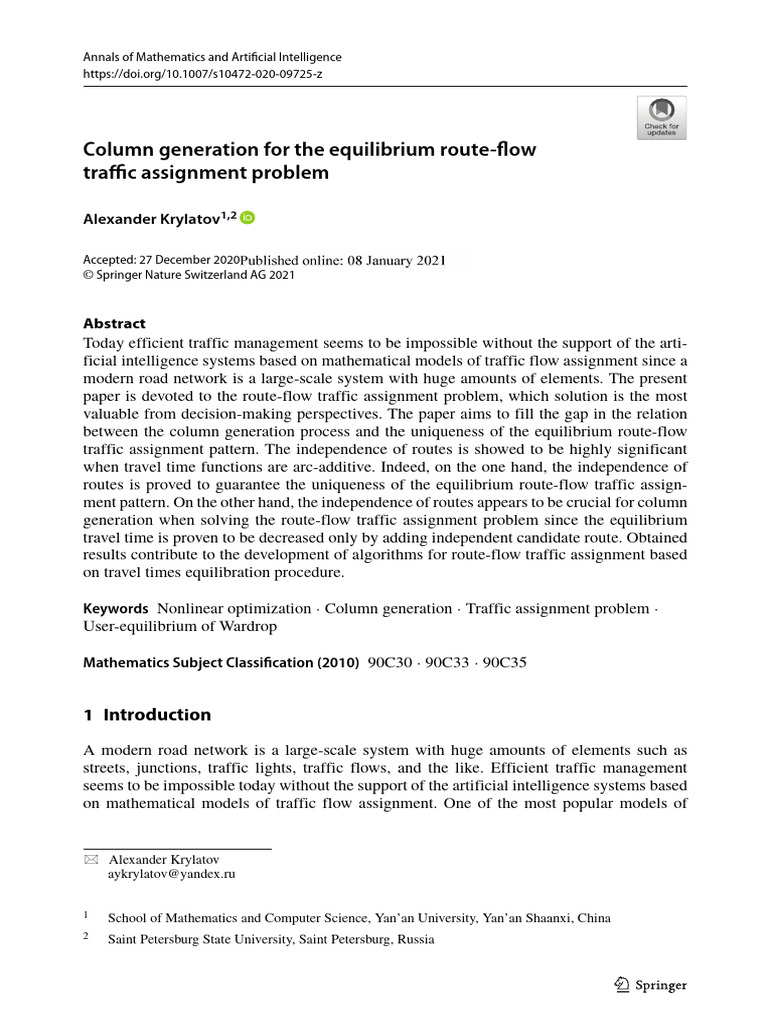 Column Generation For The Equilibrium Route Flow Traffic Assestement Problem | PDF | Vertex ...