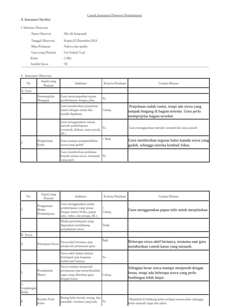 Instrumen Observasi Pembelajaran | PDF