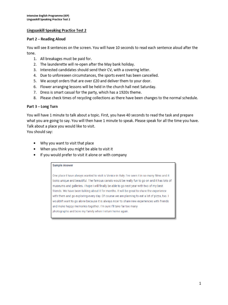 Linguaskill Speaking Practice Test 2 | PDF