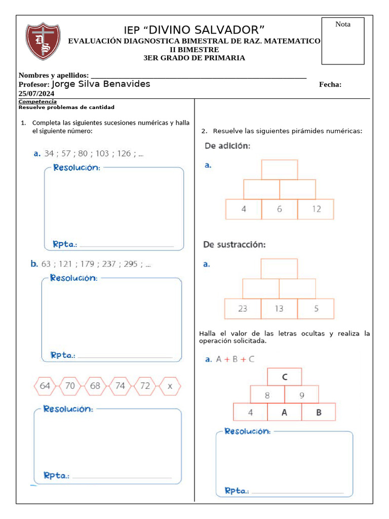 Evaluación Matemática 3er Grado | PDF