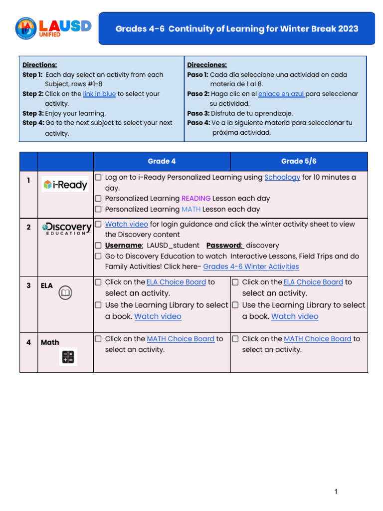 Grades 4th-6th Grade Continuity of Learning Student Care Package Winter ...