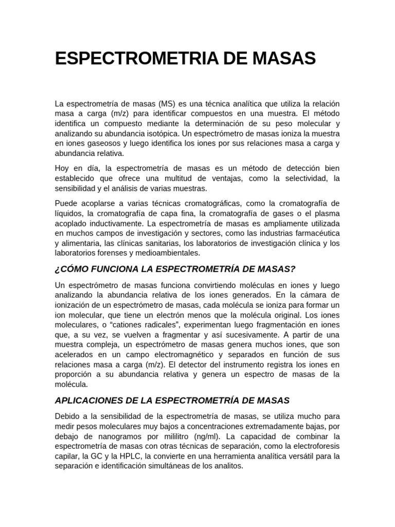 Espectrometría de Masas: Aplicaciones y Función | PDF | Espectrometría ...