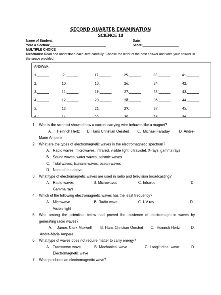 SECOND QUARTER EXAMINATION Science 10 | PDF | Electromagnetic Radiation ...