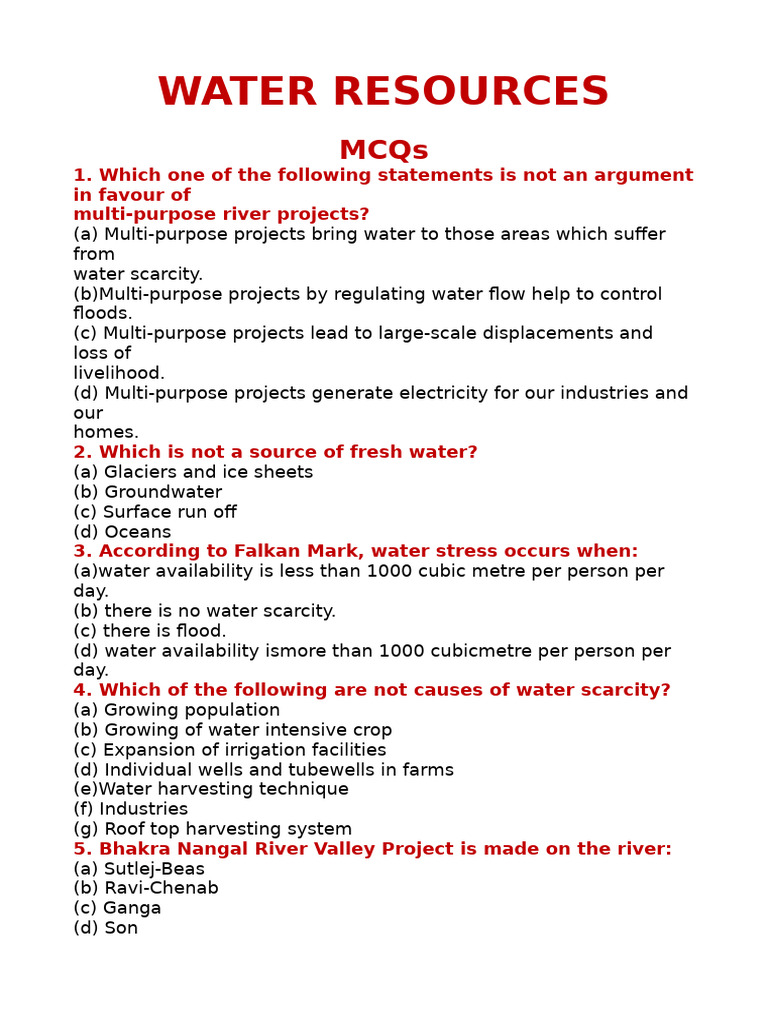 Water Resources MCQs and Key Questions | PDF | Fresh Water | Water