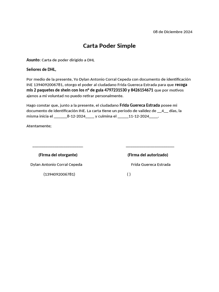 Carta Poder Simple DHL 034243 | PDF