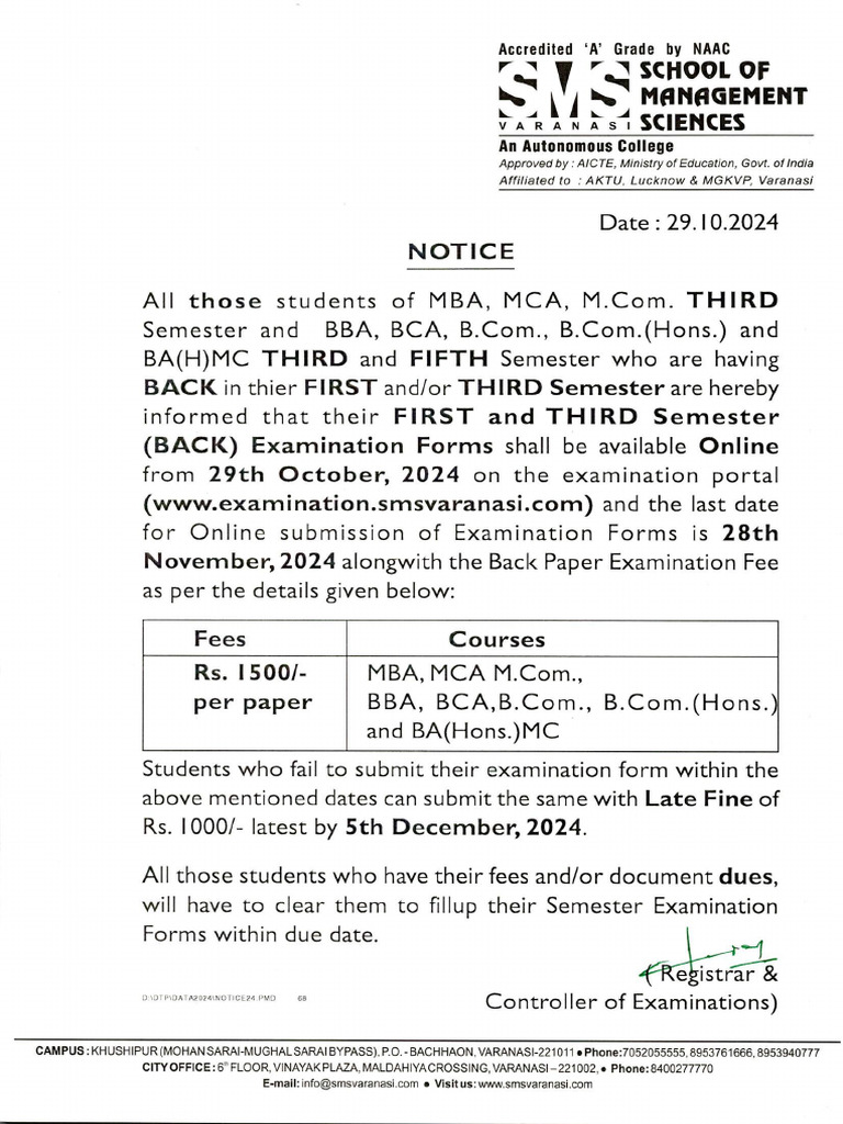 NOTICE - Examination Form (BACK) - III & V Semester | PDF
