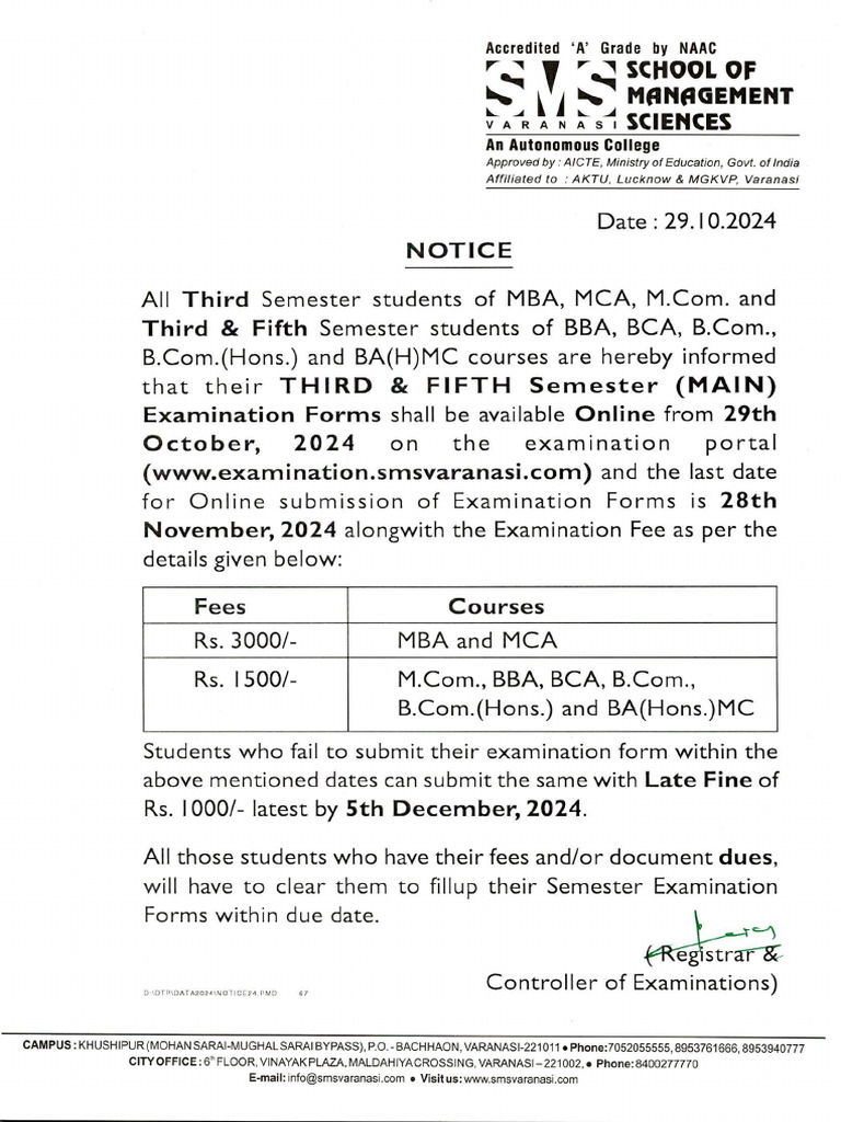 NOTICE - Examination Form (MAIN) - III & V Semester | PDF