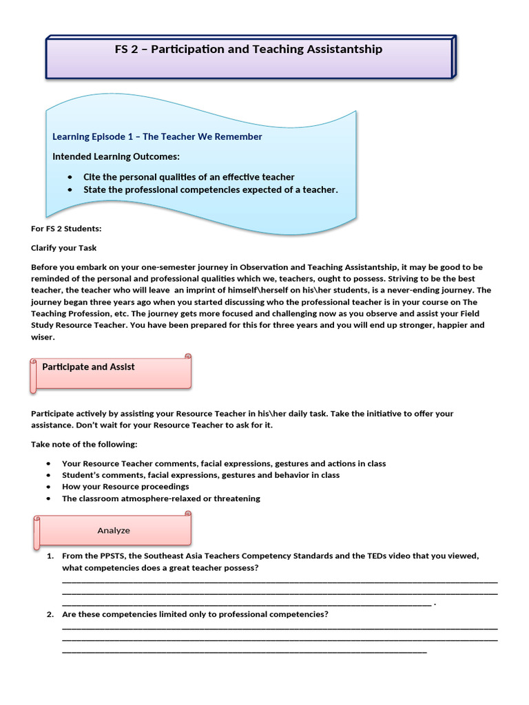 FS 2 Teacher Assistantship Guide | PDF | Teachers | Action Research