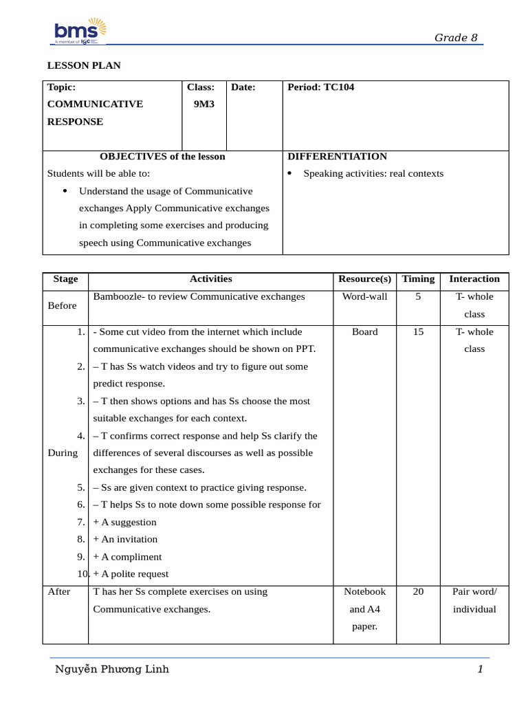 Grade 8 Communicative Response Lesson Plan | PDF | Human Communication ...