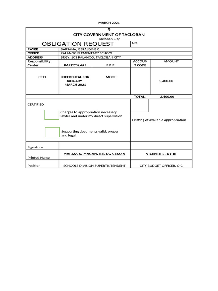 Tacloban City Obligation Request March 2021 | PDF
