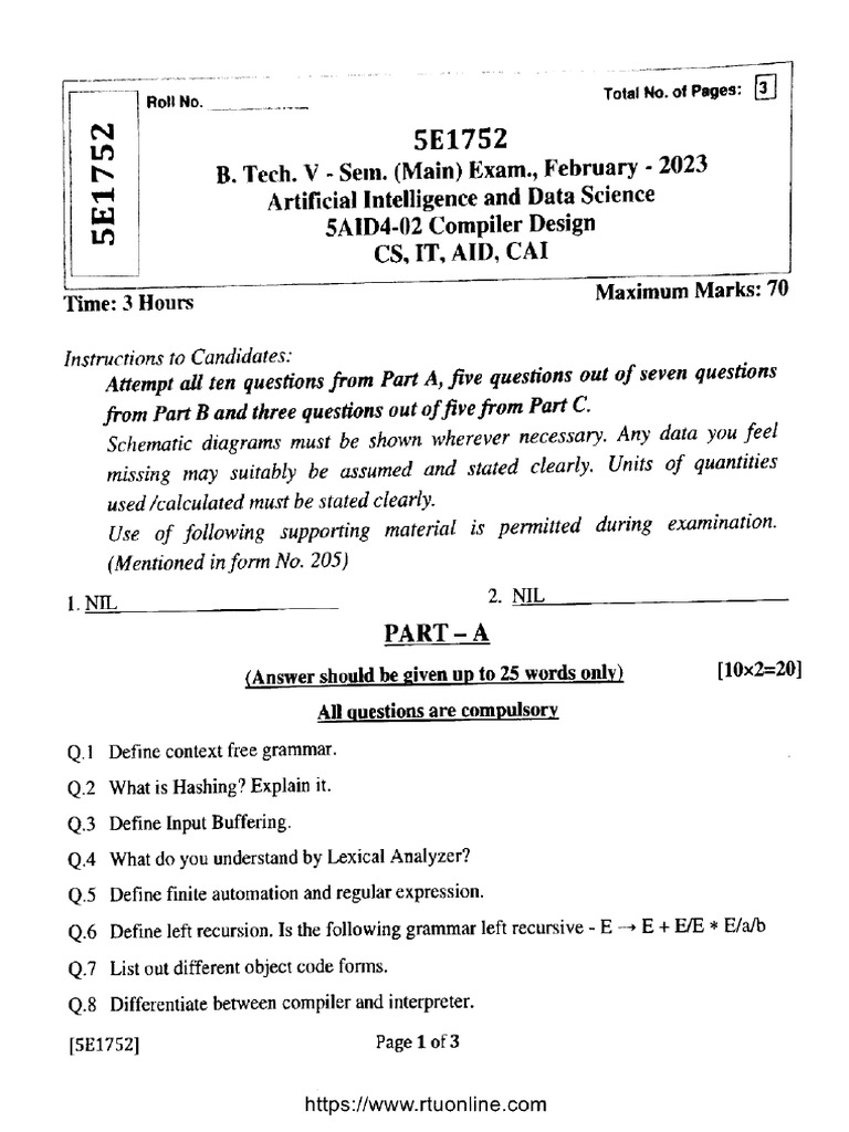 Btech Cs It Aid Cai 5 Sem Compiler Design 5e1752 Feb 2023 | PDF