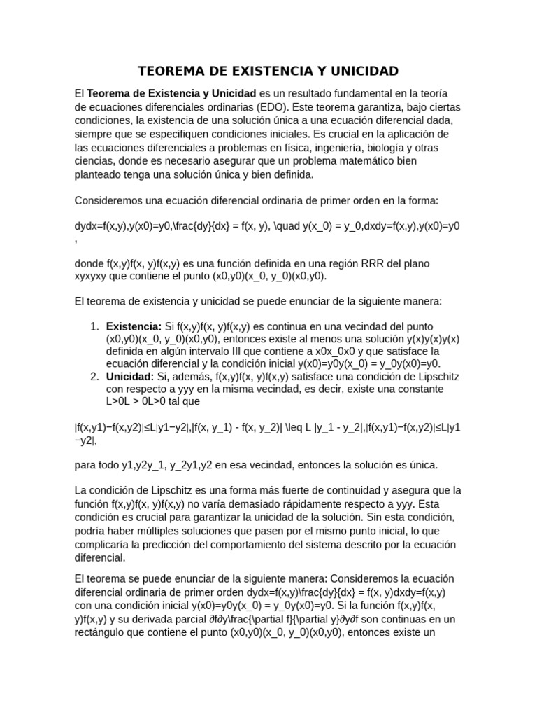 Teorema de Existencia y Unicidad | PDF | Ecuaciones | Ecuaciones diferenciales