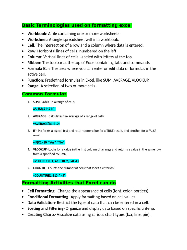 Basic Terminologies Used On Formatting Excel | PDF