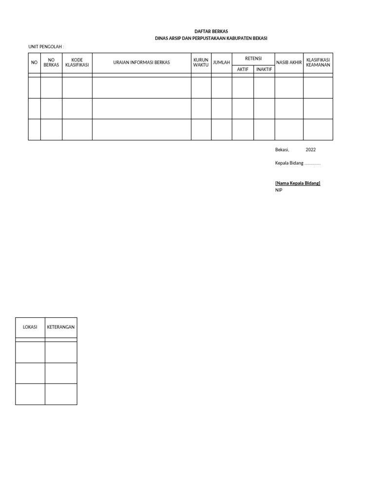 Format Daftar Arsip Aktif | PDF