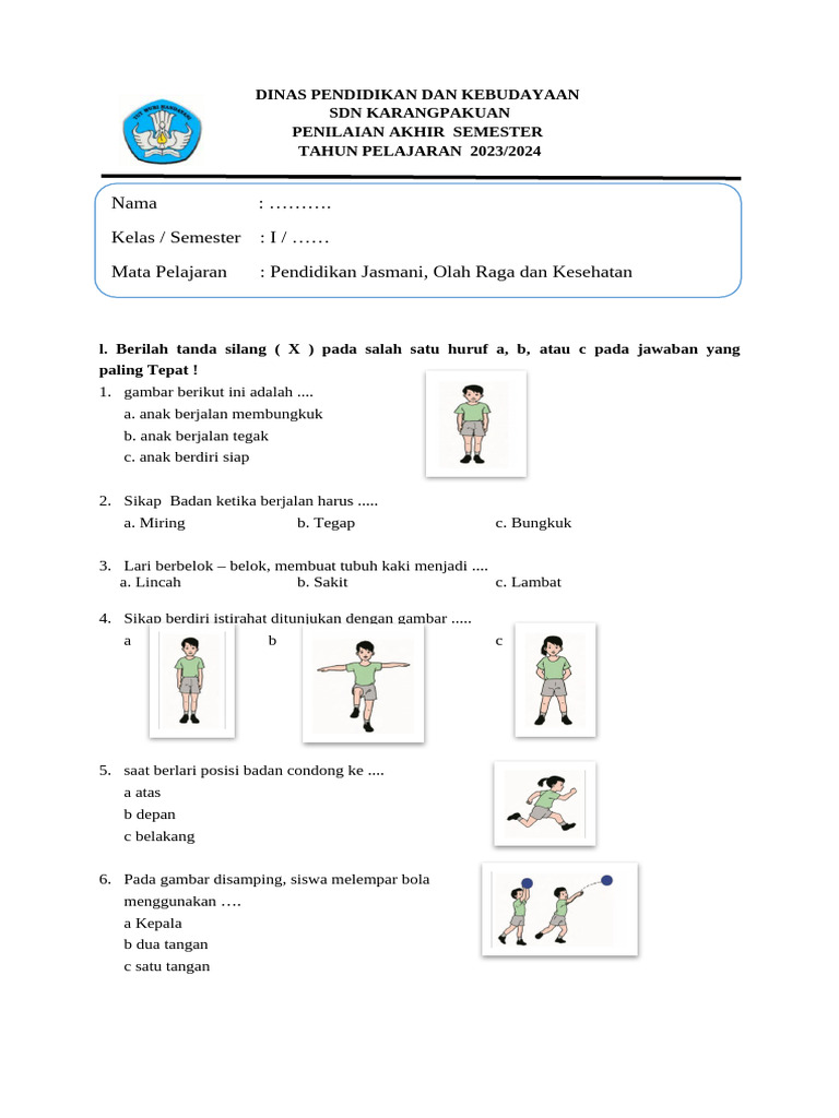 Soal PAS PJOK Kelas 1 (Websiteedukasi.com) | PDF