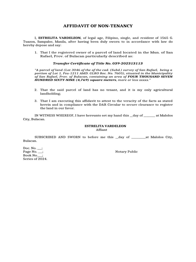 Affidavit of Non-Tenancy for Land | PDF