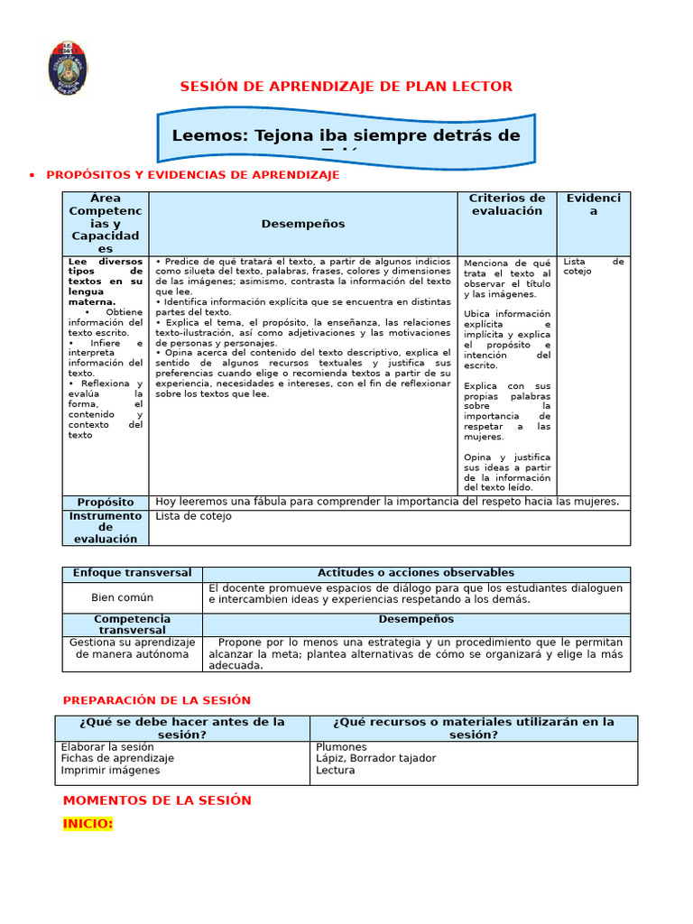 Sesion Plan Lector | PDF | Aprendizaje | Evaluación
