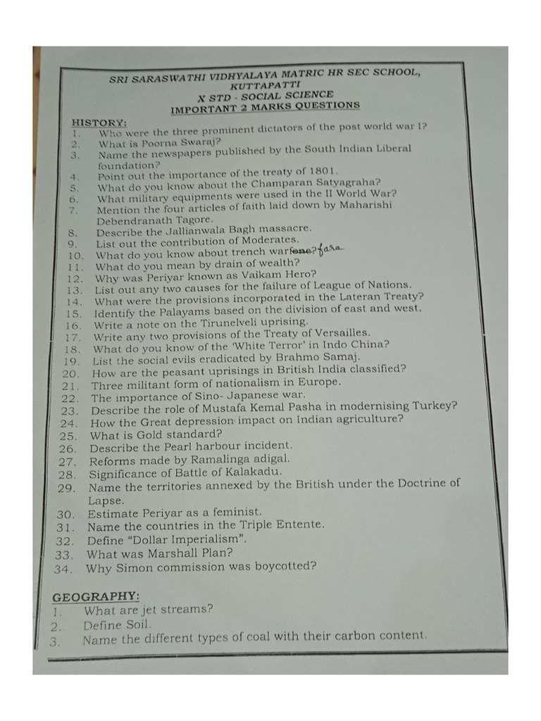 10th Social Science Important 2 Mark Questions English Medium PDF Download | PDF