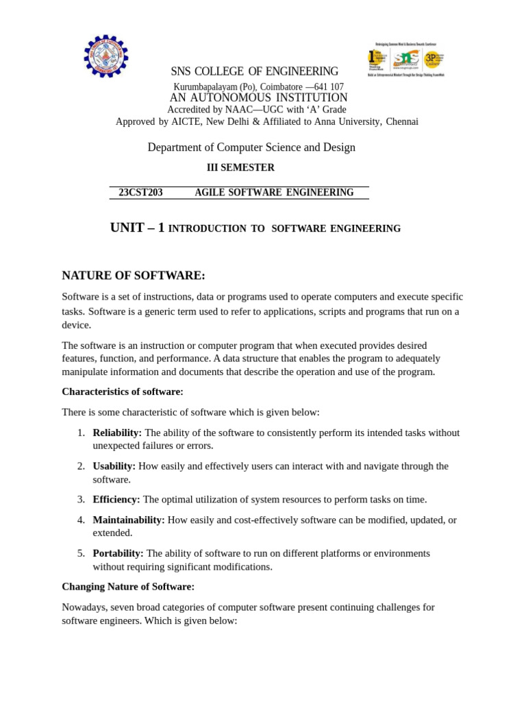 Unit - 1 Ntroduction To Software Engineering1 | PDF | Software ...